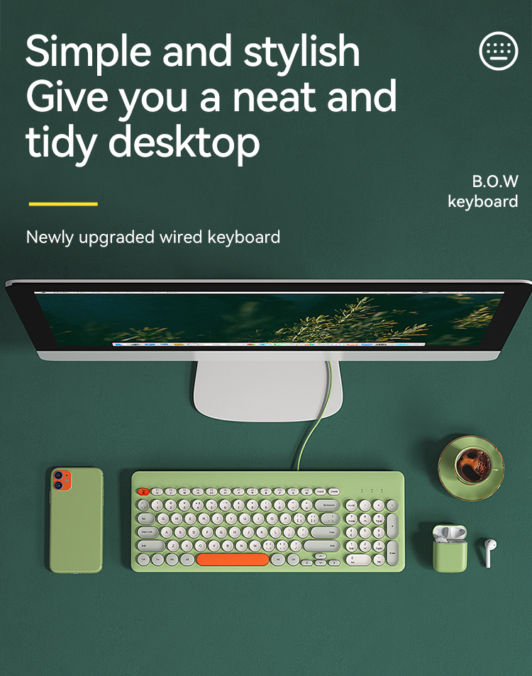 BOW Colorful Green Wired Keyboard Round Concave Keycaps K221U ...