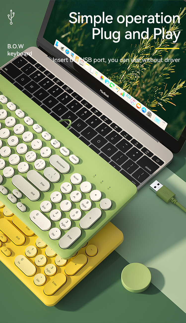 BOW Colorful Green Wired Keyboard Round Concave Keycaps K221U ...