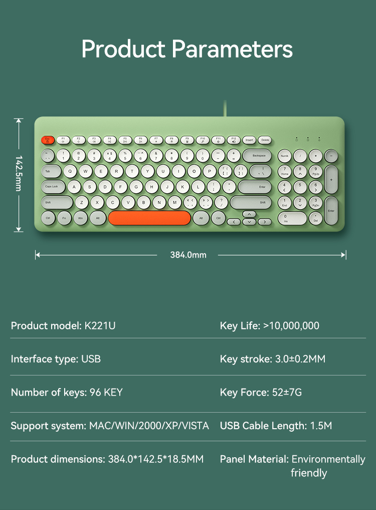 BOW Colorful Green Wired Keyboard Round Concave Keycaps K221U ...