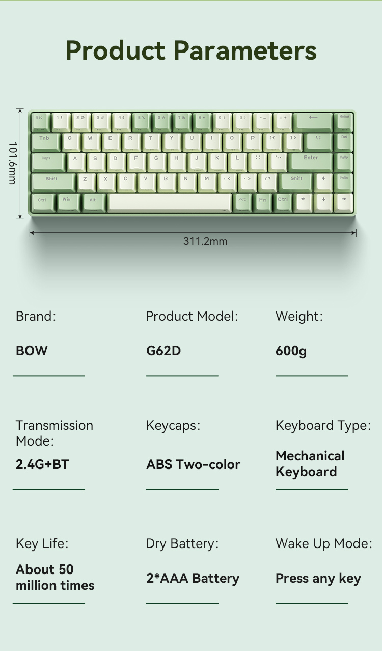 BOW G62D Mini Dual-mode Mechanical Keyboard 2.4G USB BT Wireless White ...