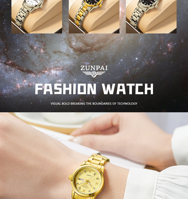 ZUNPAI-264 Watch for Woman Original Waterproof Stainless Steel Gold ...