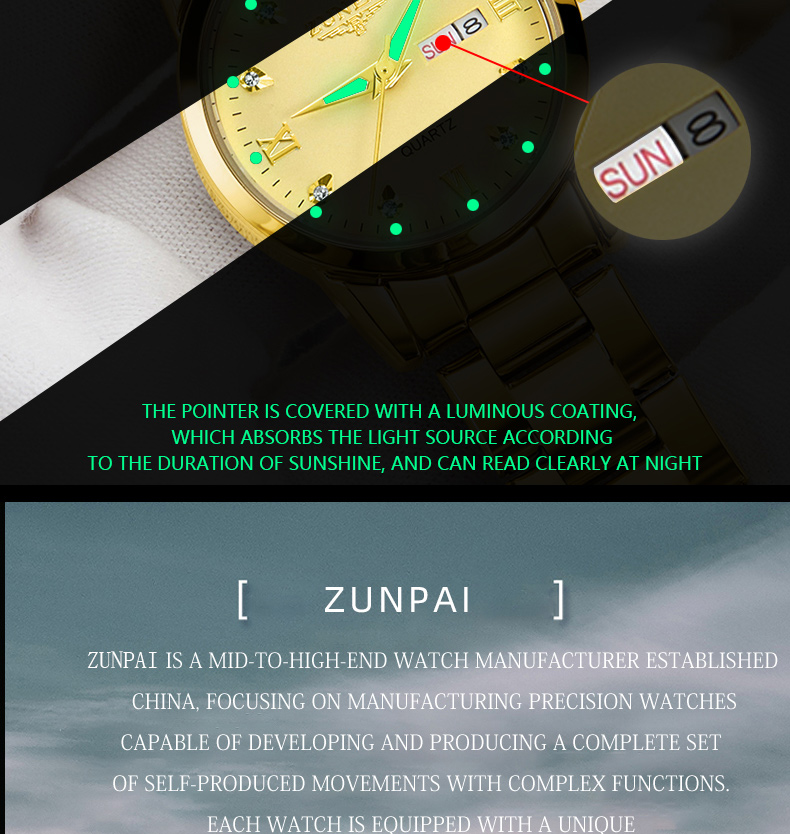 ZUNPAI-264 Watch for Woman Original Waterproof Stainless Steel Gold ...
