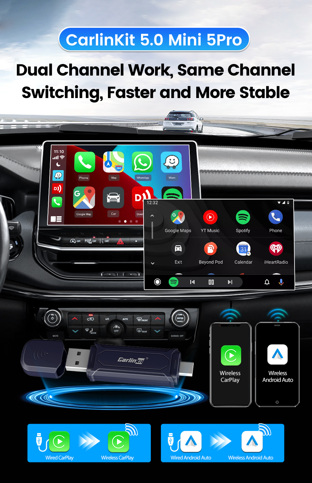 New Release CarlinKit MINI SE 5.0 Pro 2-in-1 Wireless CarPlay Wireless Android Auto Adapter for ...