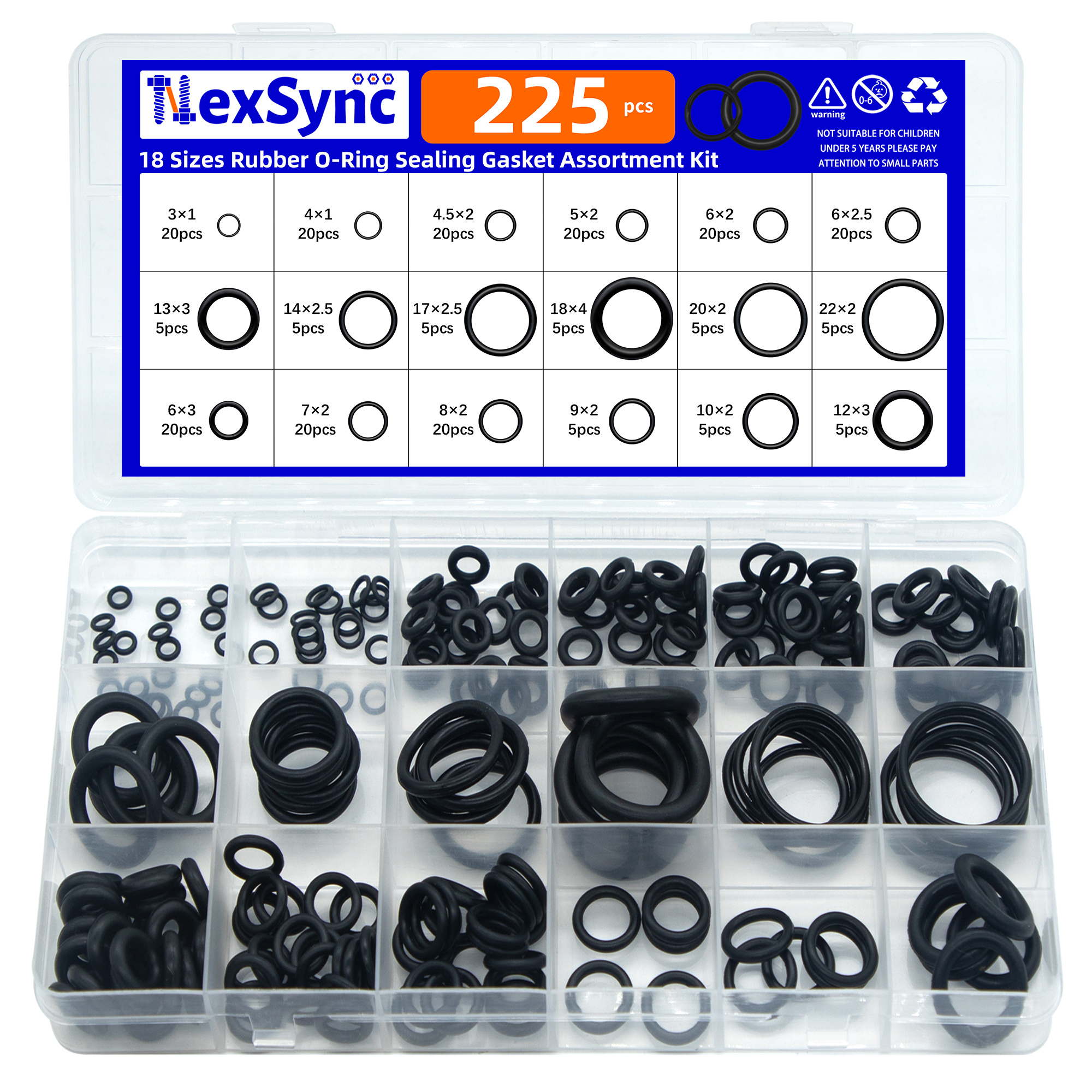 225 Pcs Rubber O-Ring Gasket Set - 18 Sizes for Taps, Hose Connectors ...