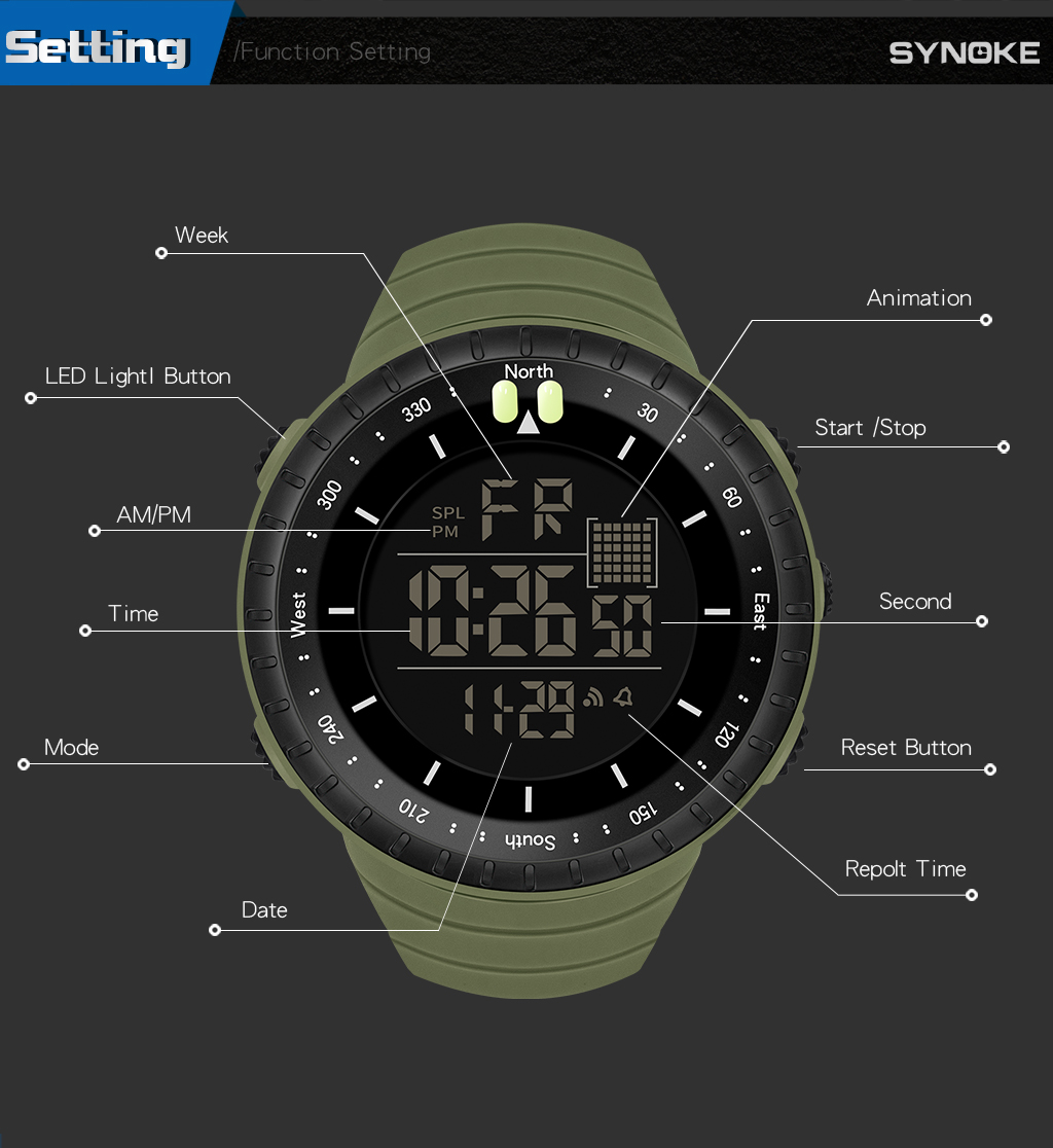 SYNOKE Men's Outdoor Sports Watch - Large Screen, Luminous Features ...