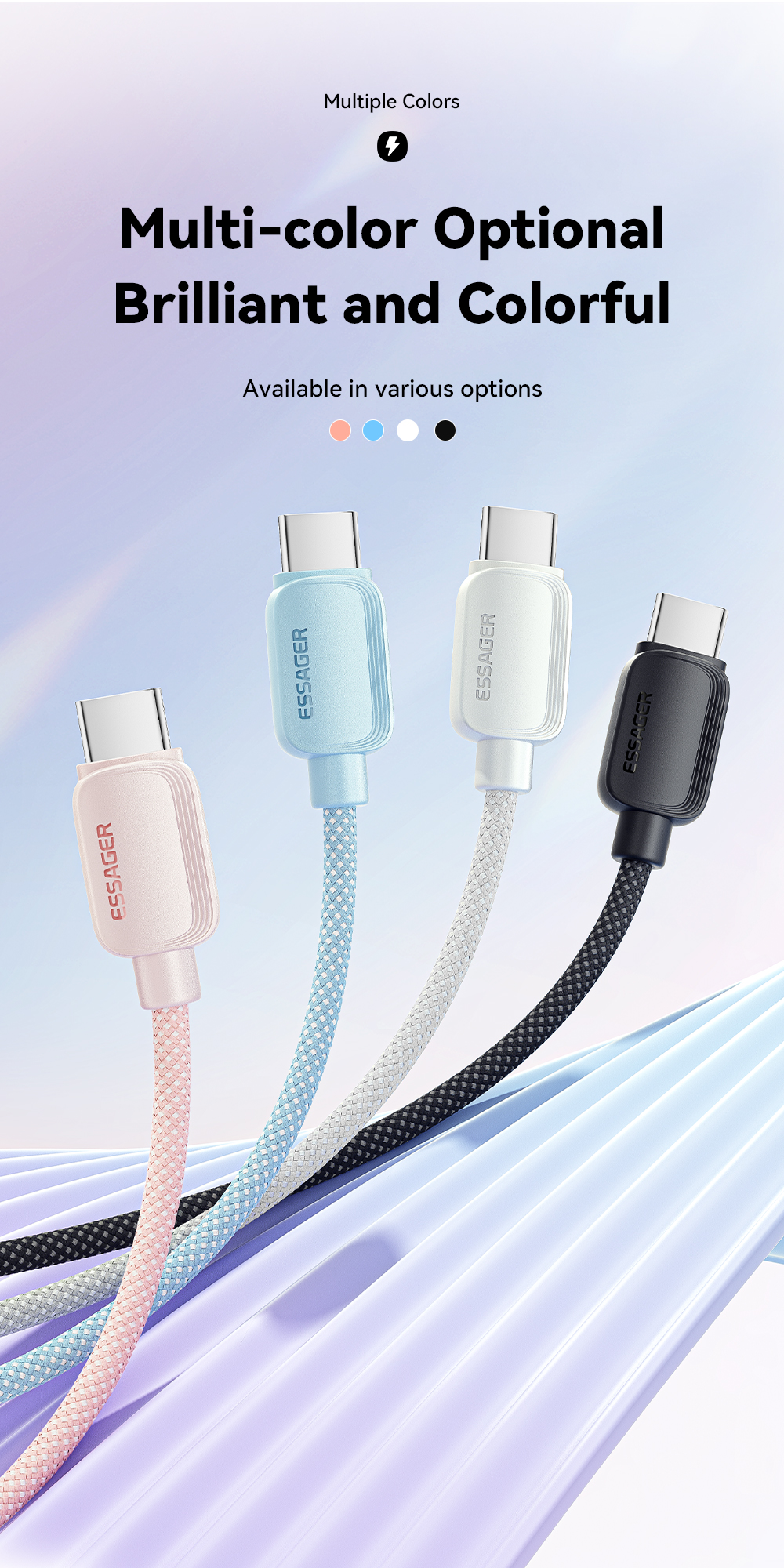Essager 100W 7A USB To Type C Fast Charging Cable 4 Colors Match Velcro ...