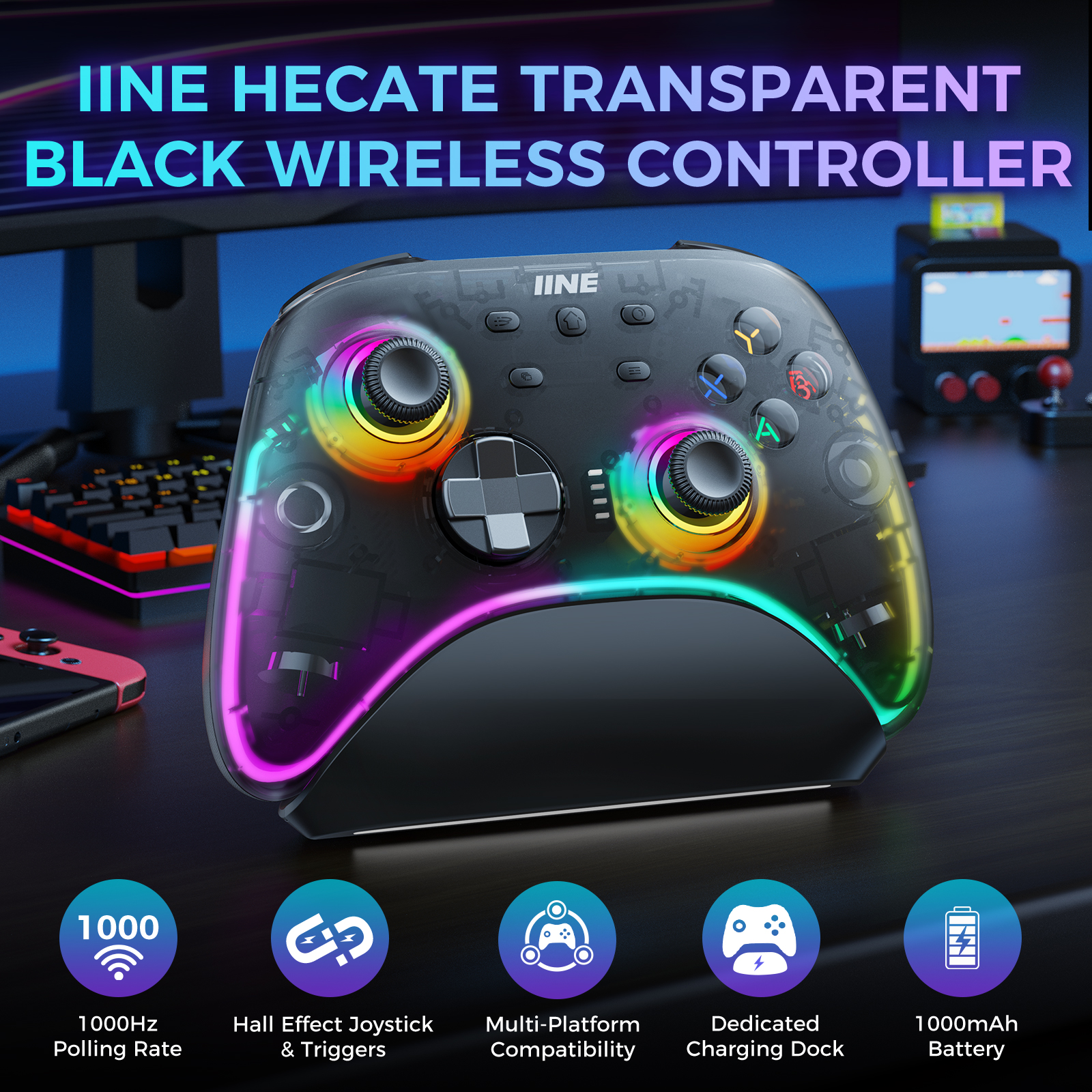 IINE Hecate Transparent Black Wireless Controller With Charging Dock/Precision Operation & Low ...