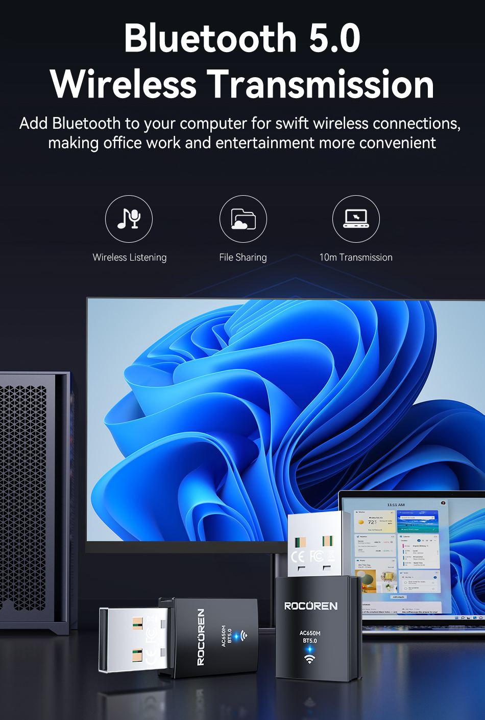 Rocoren AC650M Bluetooth 2-in-1 USB Wireless Receiver Adapter Network 2 ...