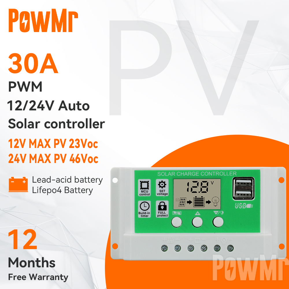 【Local Delivery】PowMr PWM 30A Solar Charge Controller 12V 24V Battery with LCD Dual USB 5V ...