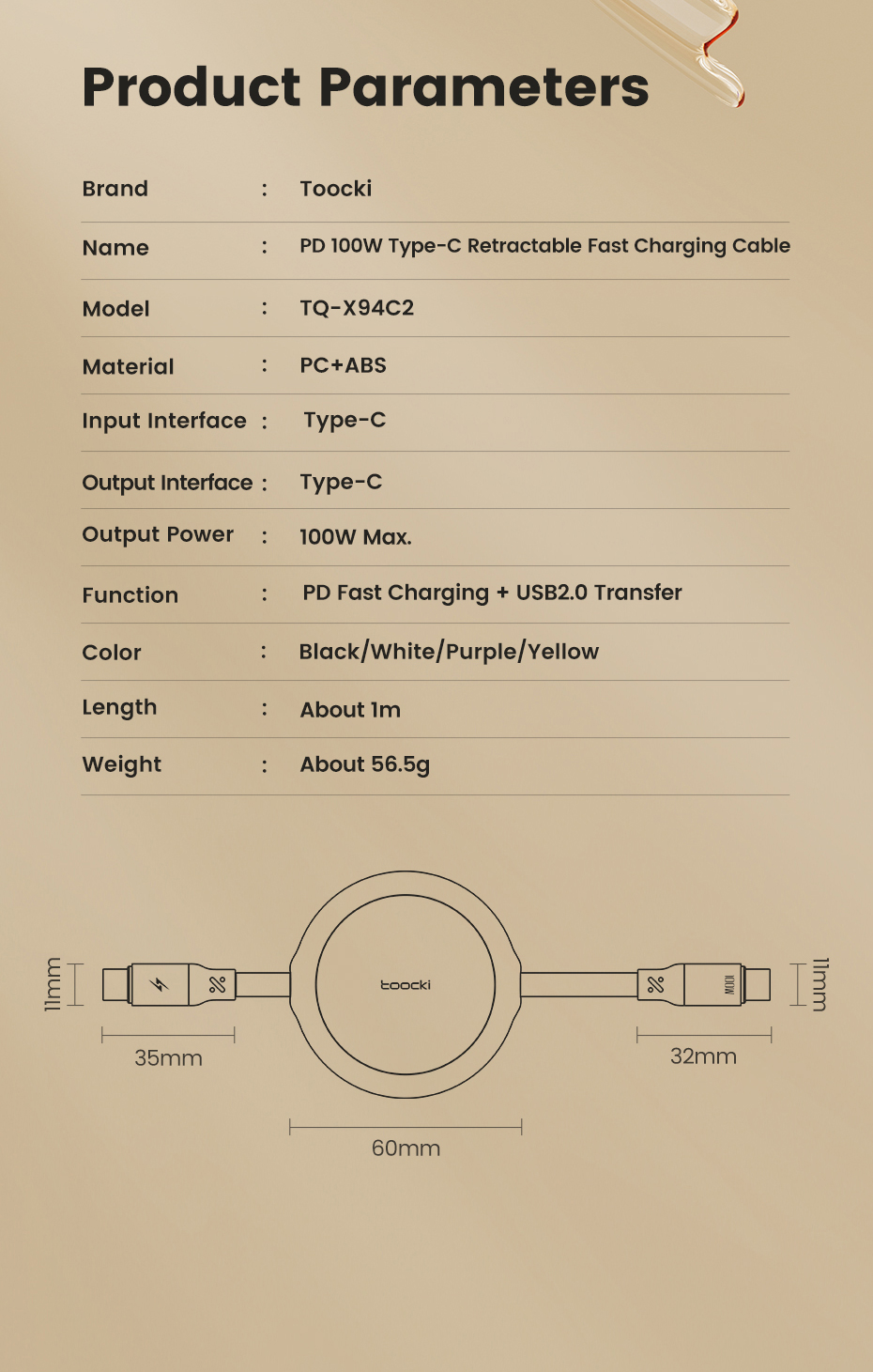 Toocki PD 100W Retractable Fast Charging Cable Portable Type C To Type ...