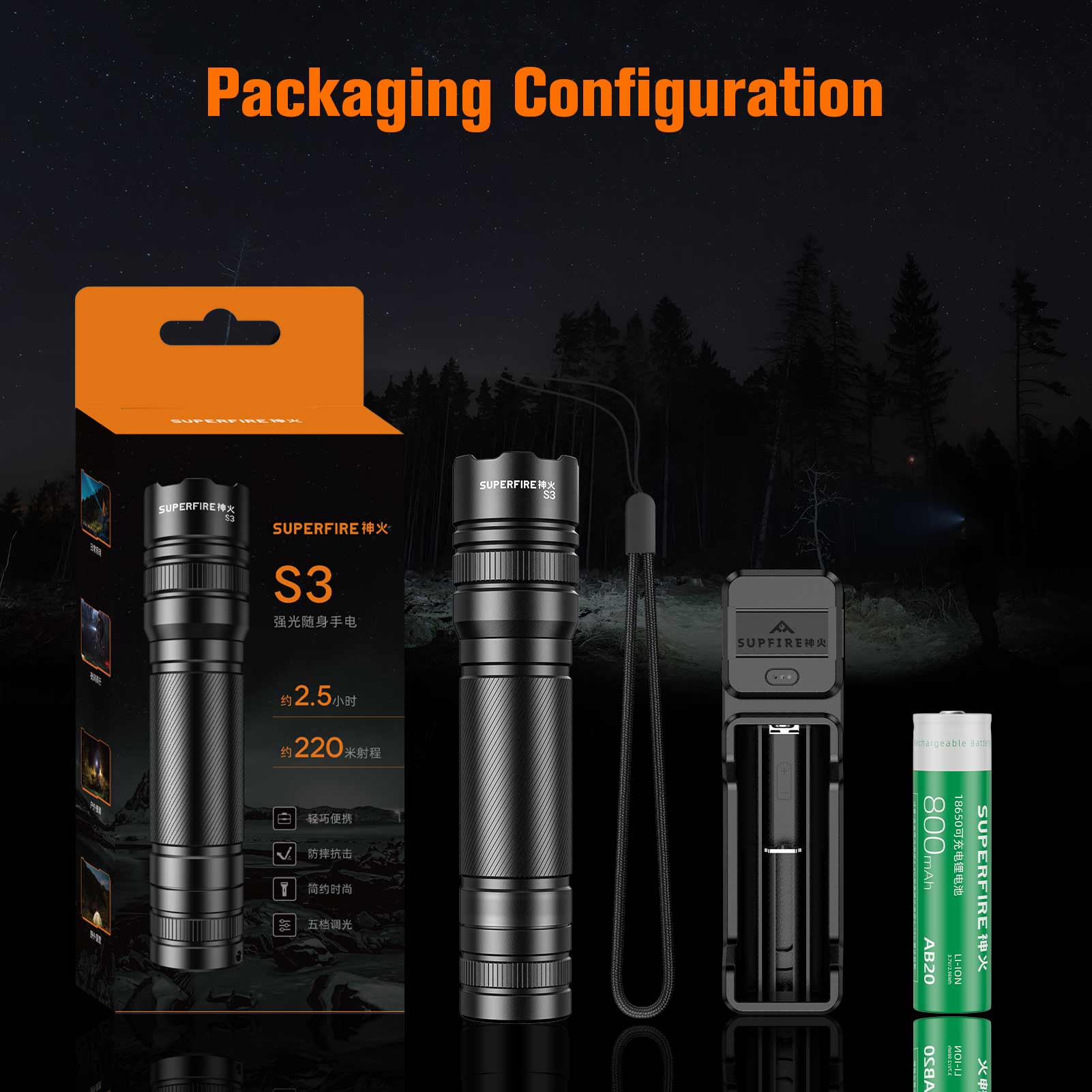 SUPERFIRE Flashlight S3 7W LED USB Rechargeable EDC Torch for Camping ...