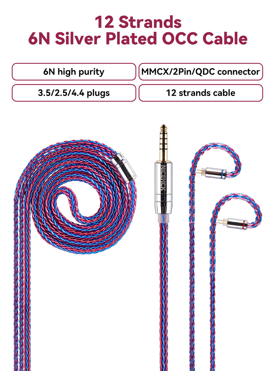 NiceHCK SweetLife 12 Strands 6N Silver Plated OCC Earphone Cable MMCX/2Pin/QDC for QKZ KZ ZSN ...