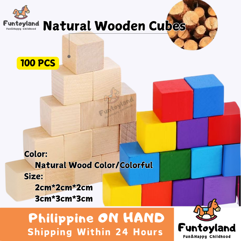 Wooden Building Blocks Natural Wood Color Cube 100pcs Colorful Wooden ...