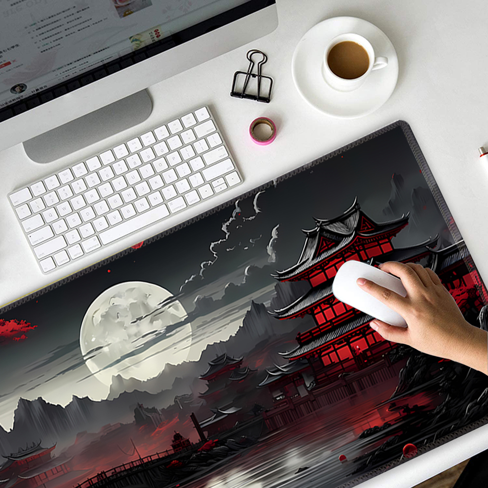 Japanese Desk Mat Riverside Full Moon Desk Pad Black Red Large Mouse ...