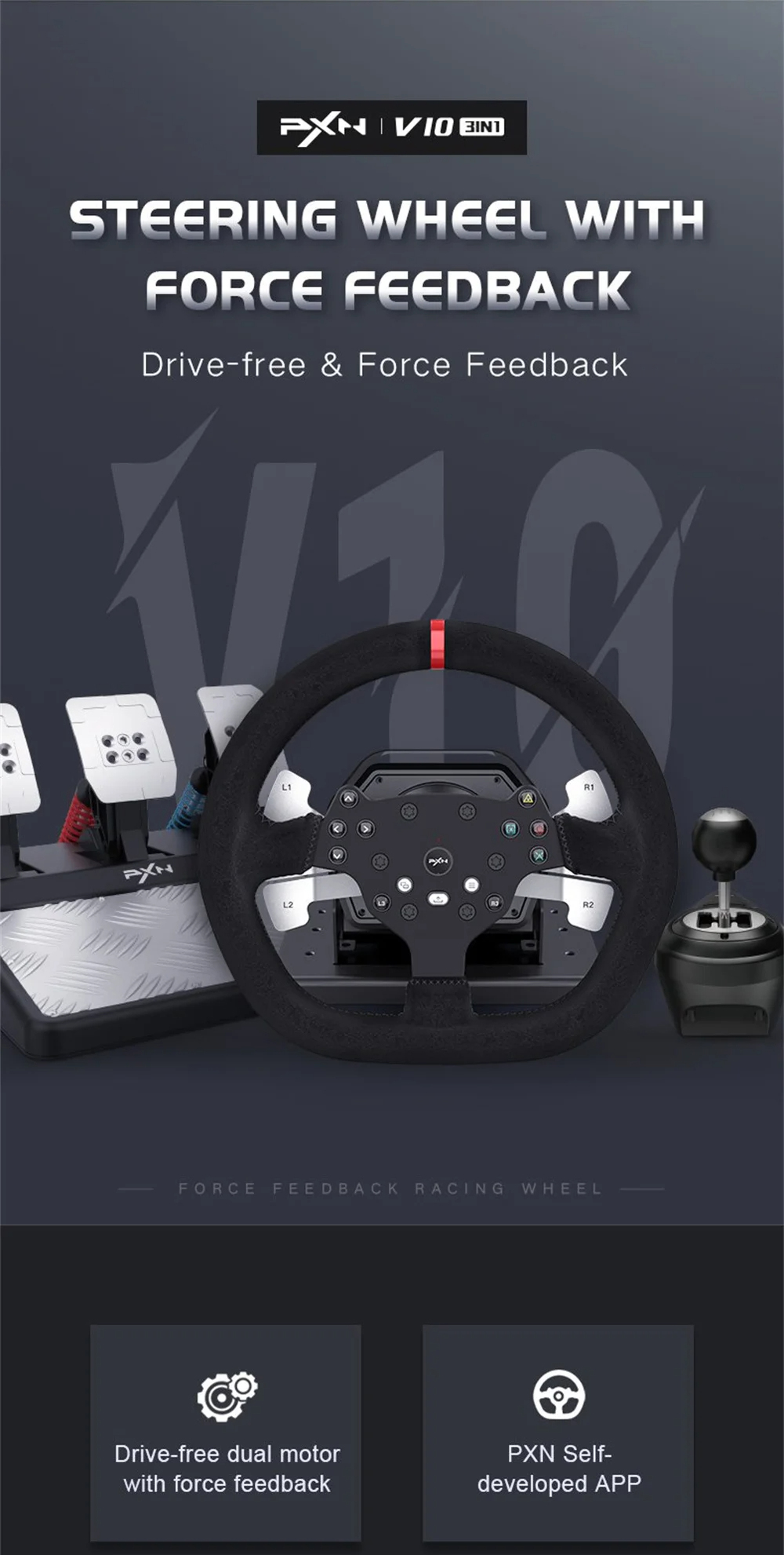 PXN V10 3 IN 1 Force Feedback Racing Wheel Gaming Steering Wheel ...