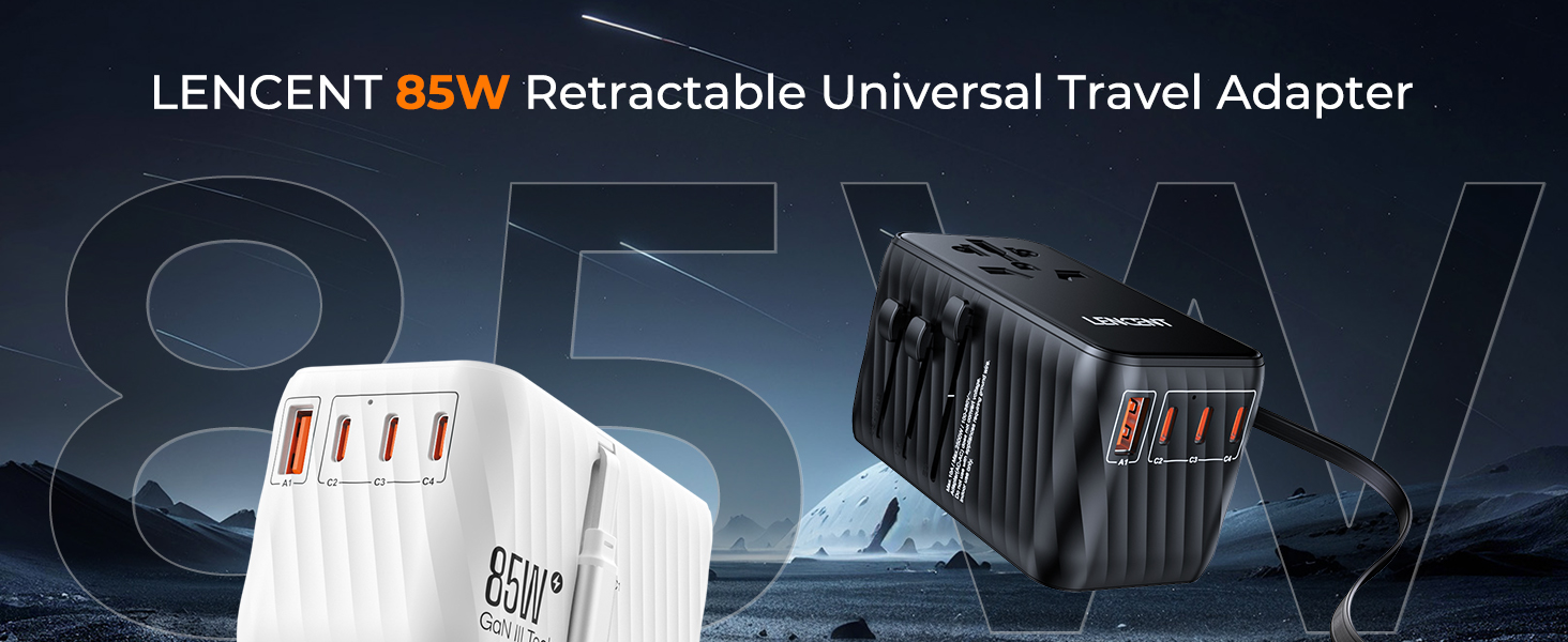 LENCENT GaN 85W Travel Adapter with Cord, Universal Travel Adapter with ...