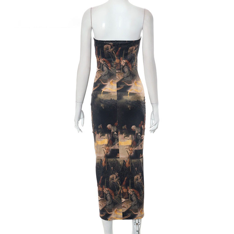 Oil Painting Printed Dresses French Vintage Bustier Package Hip Dresses ...