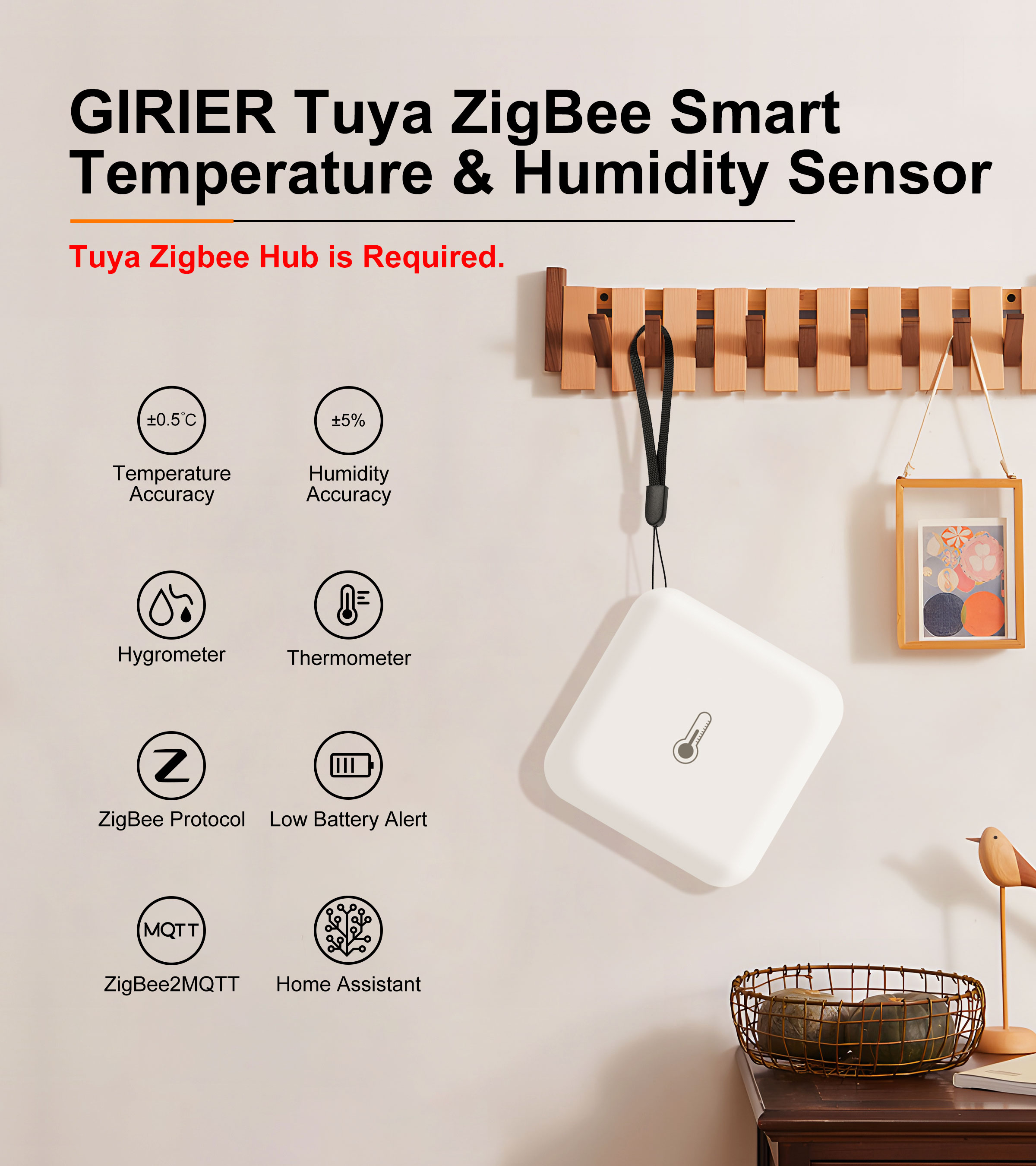 GIRIER ZigBee Smart Indoor Temperature Humidity Sensor Hygrometer Works ...