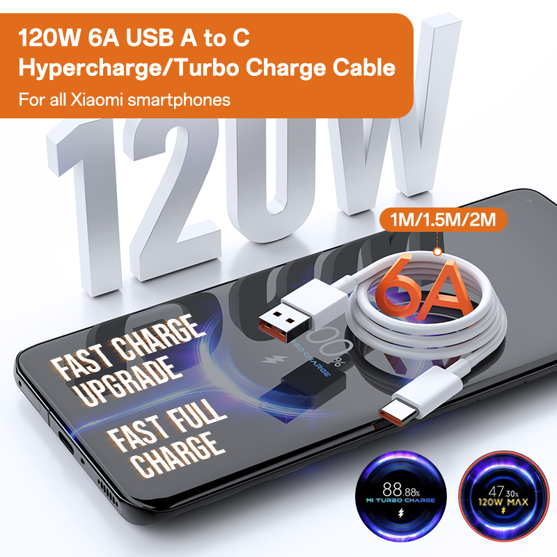 120W Turbo Fast Charger 6A Type-C Data Cable for Xiaomi 11 12 14 Poco X4 X3 Pro M4 Redmi K50 ...