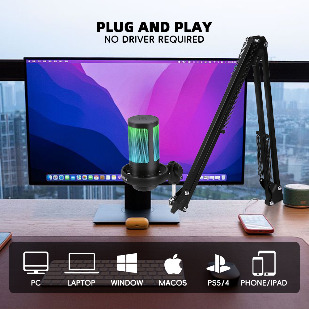 Kusky Me6D RGB USB Condenser Mic full set with arm boom USB Gaming mic ...