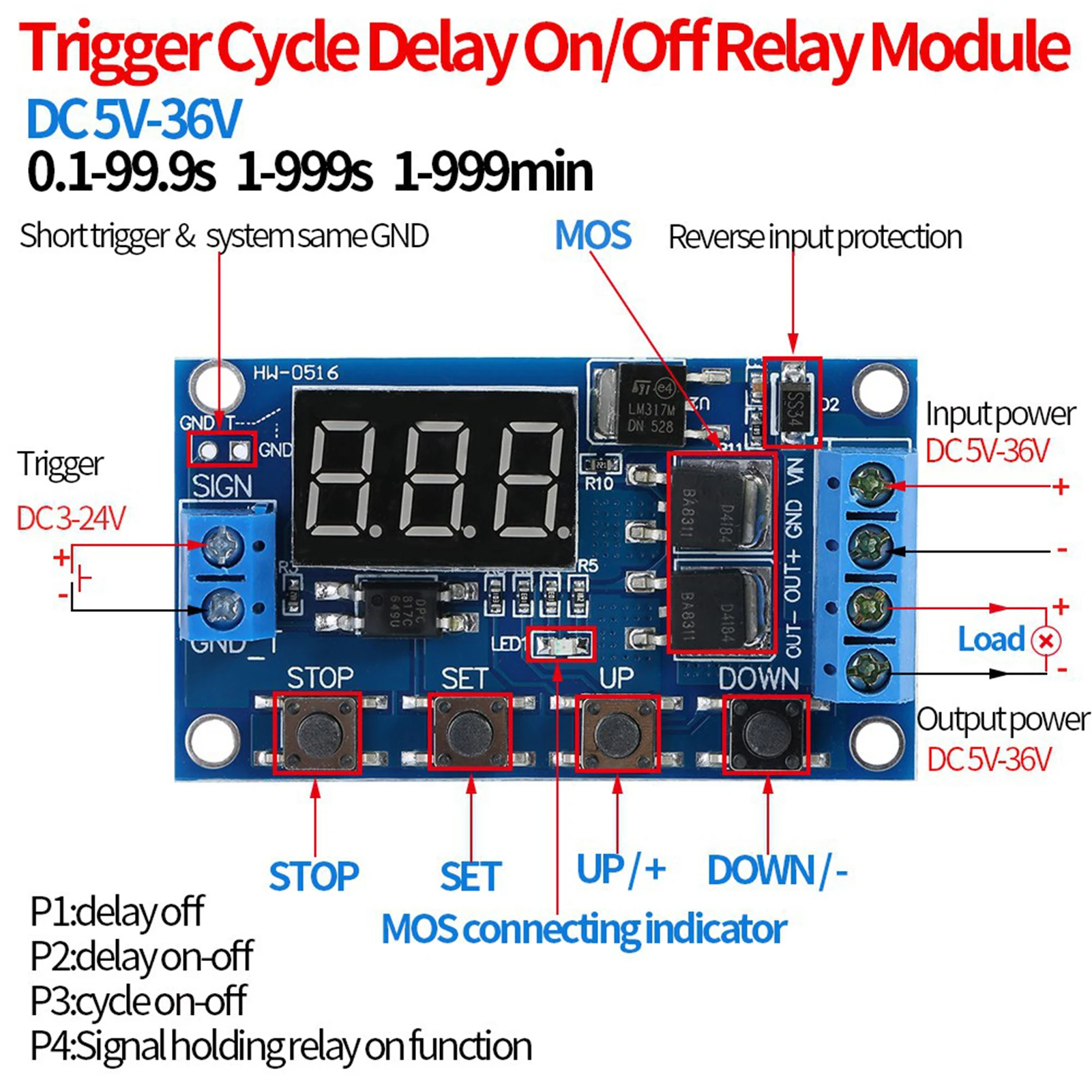DC 12V 24V Dual MOS LED Digital Time Delay Relay Trigger Cycle Timer Delay Switch Circuit Board ...