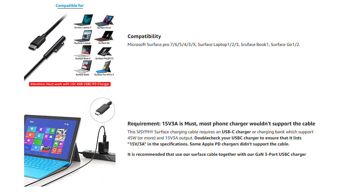 Microsoft Surface Charging Cable Charging Head PD Fast Charging Type-C ...