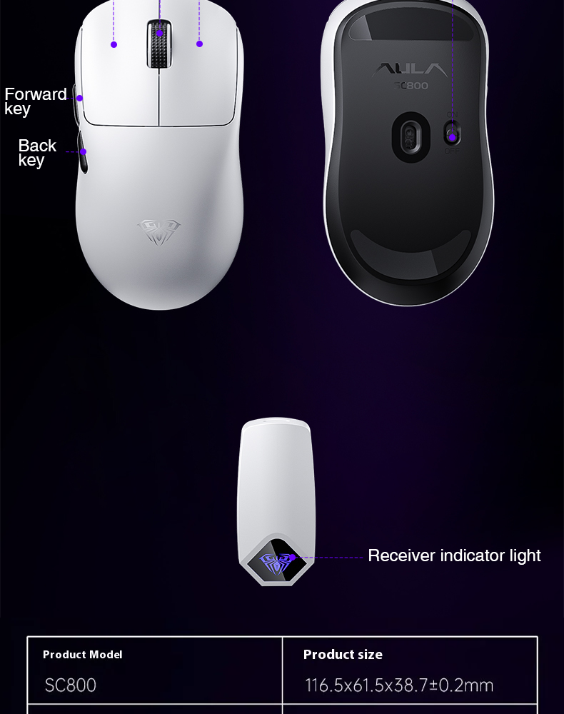AULA SC800 Gaming Mouse Dual-mode Connect USB-C/2.4G Lightweight 37g ...