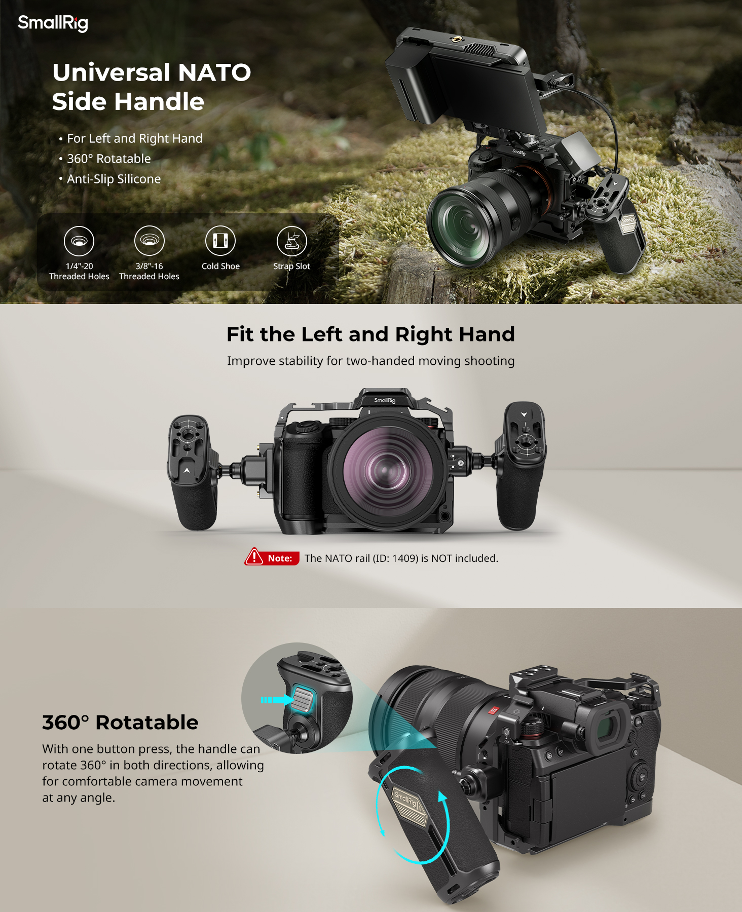 SmallRig Push-Button Rotating NATO Side Handle, Camera Grip-4359 ...