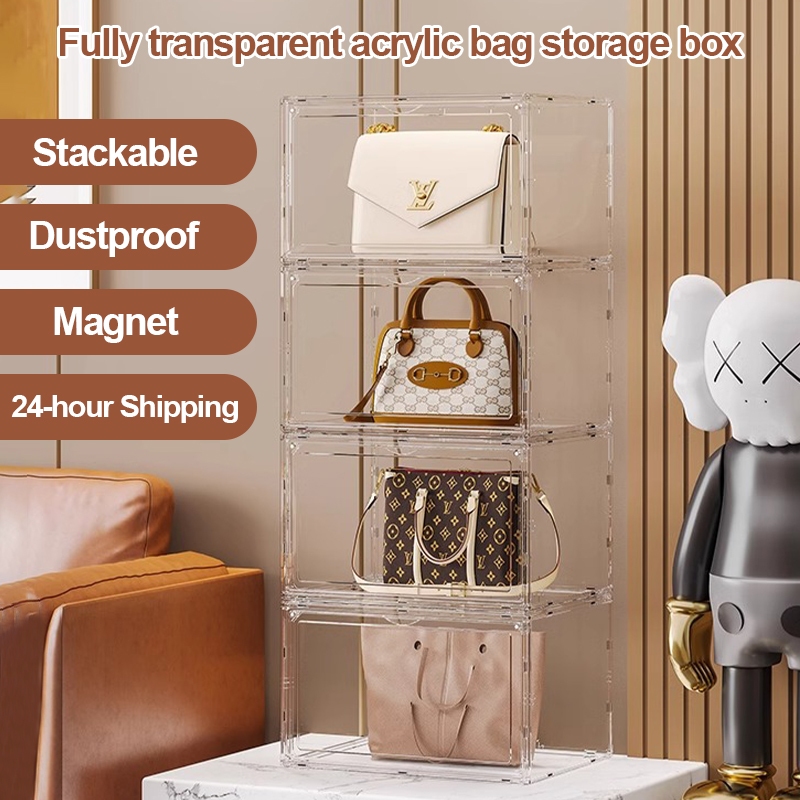 Stackable Acrylic Bag Organizer Box & Display Case Side Drop Magnetic ...