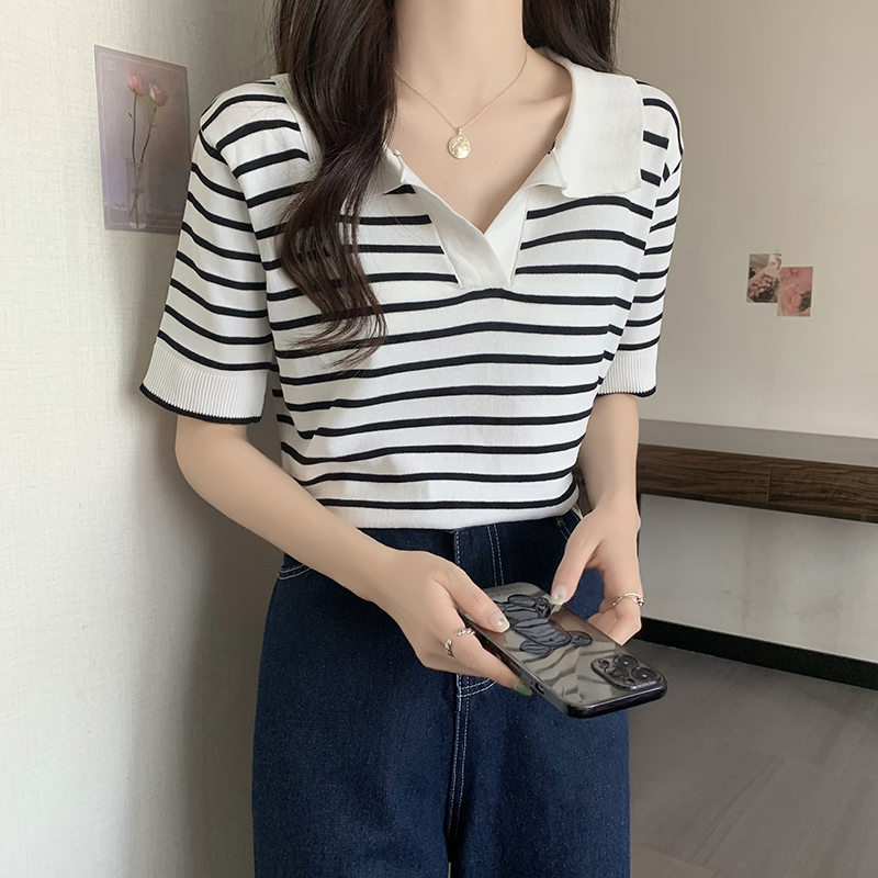 Striped POLO Shirt t-Shirt Women Short-Sleeved Summer Design V-Neck Lapel Knit Top Women ...