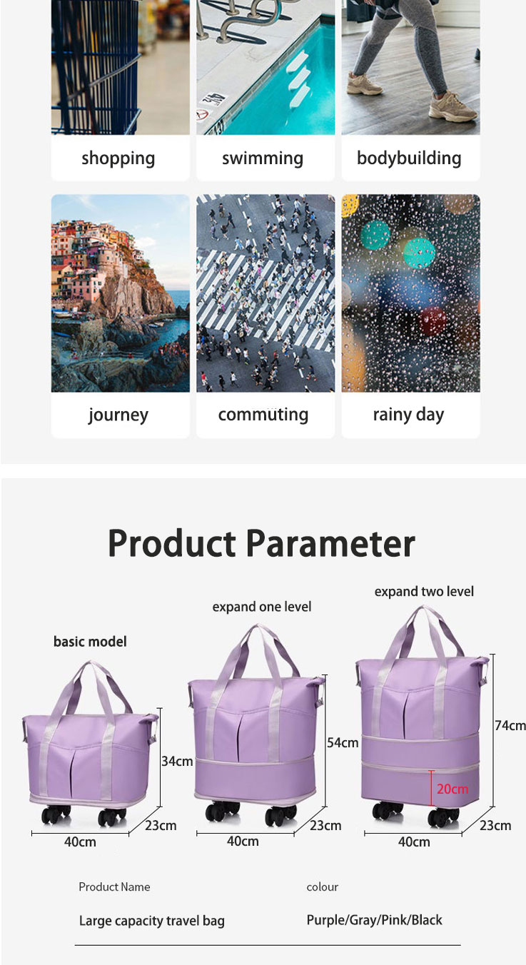 Stretchable Travel Bag With Wheels 3-layer Carry Luggage Weekender Bag ...