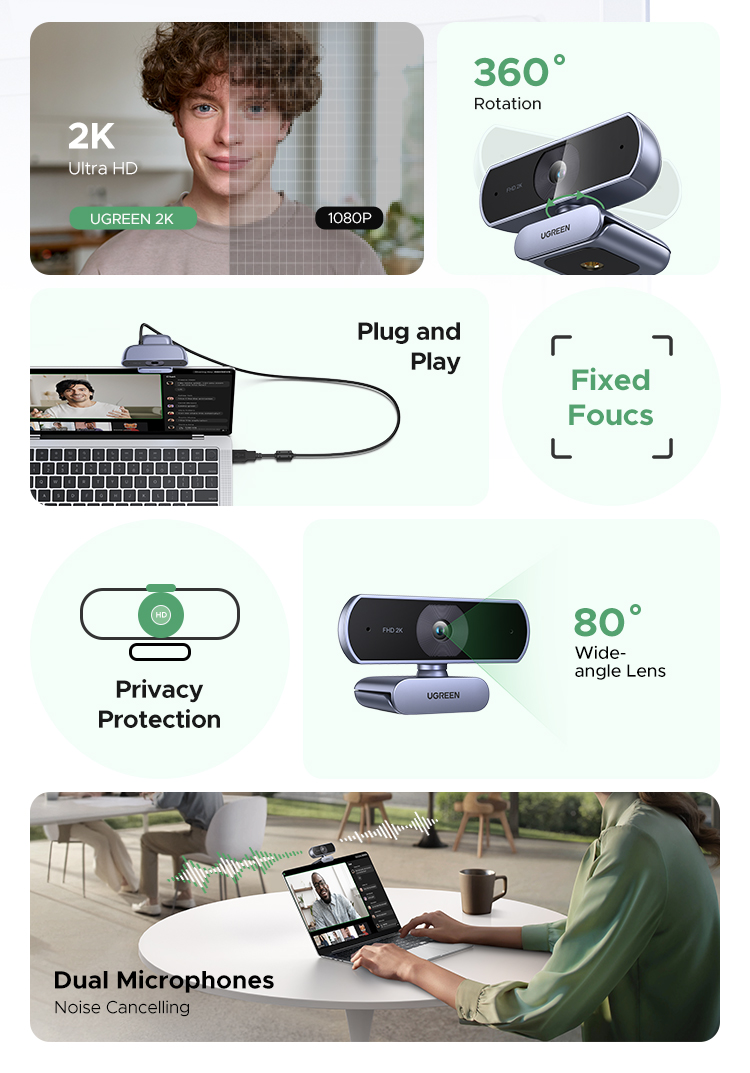 UGREEN USB Webcam 2K HD Mini Webcam For Laptop Computer Web Camera Dual Microphones for Youtube ...