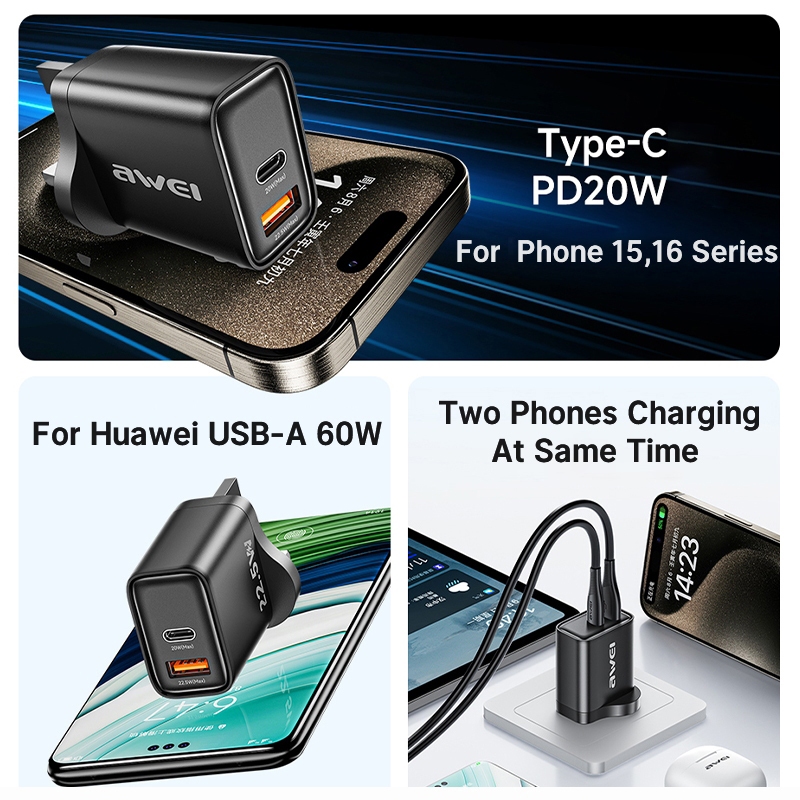 Awei PD81 Fast Charger Kit Type-C USB A 22.5W Phone Standard Charging ...