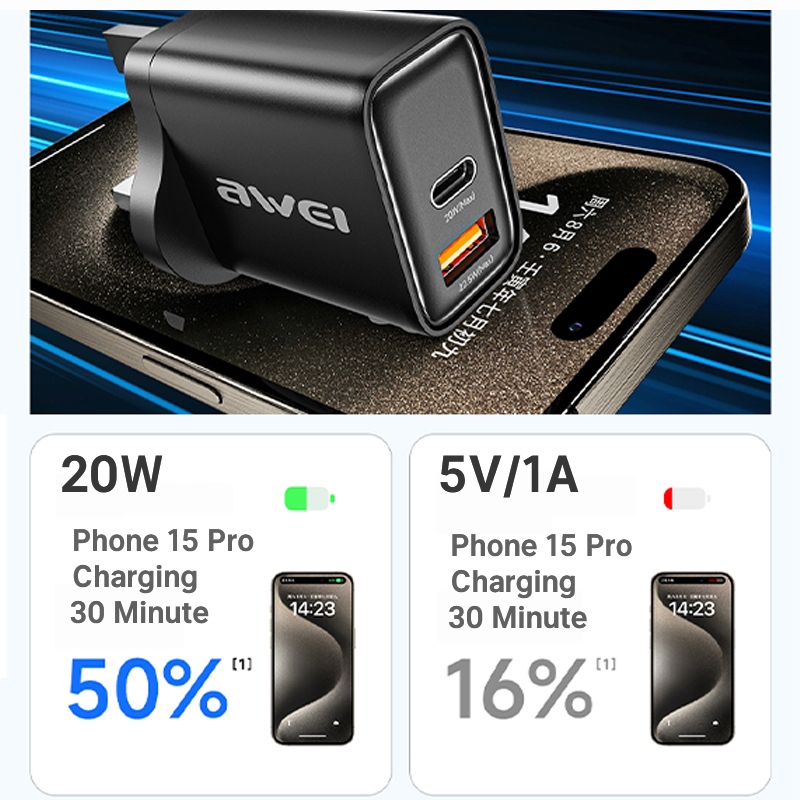 Awei PD81 Fast Charger Kit Type-C USB A 22.5W Phone Standard Charging ...