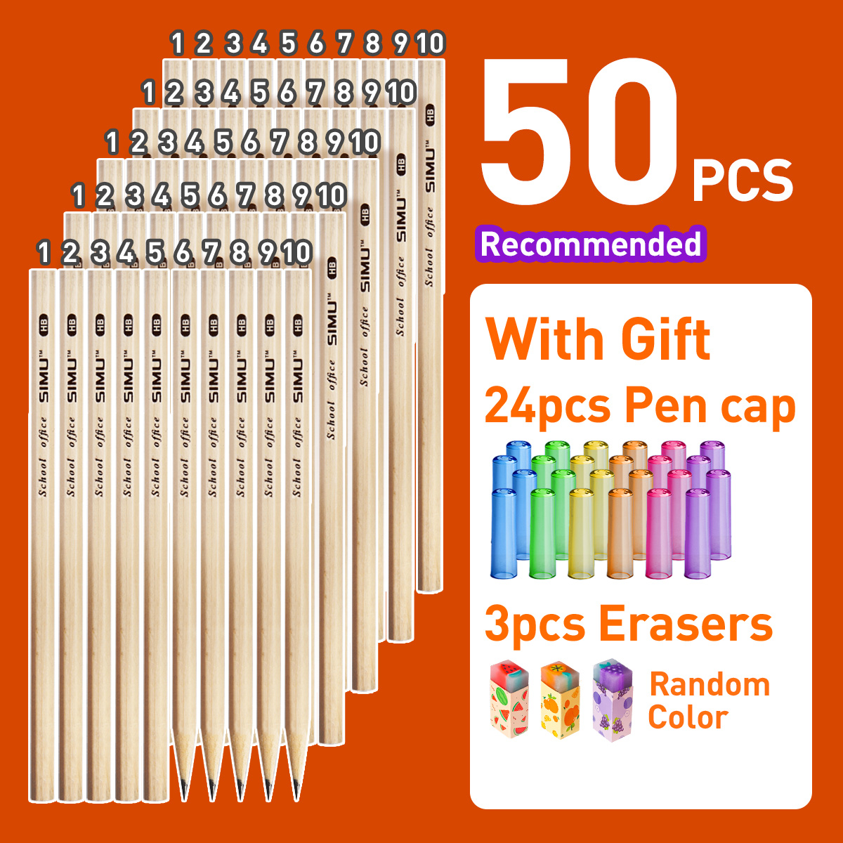 50PCS Pencil Set HB Pencils Graphite Get FREE Eraser and Pen Cap ...