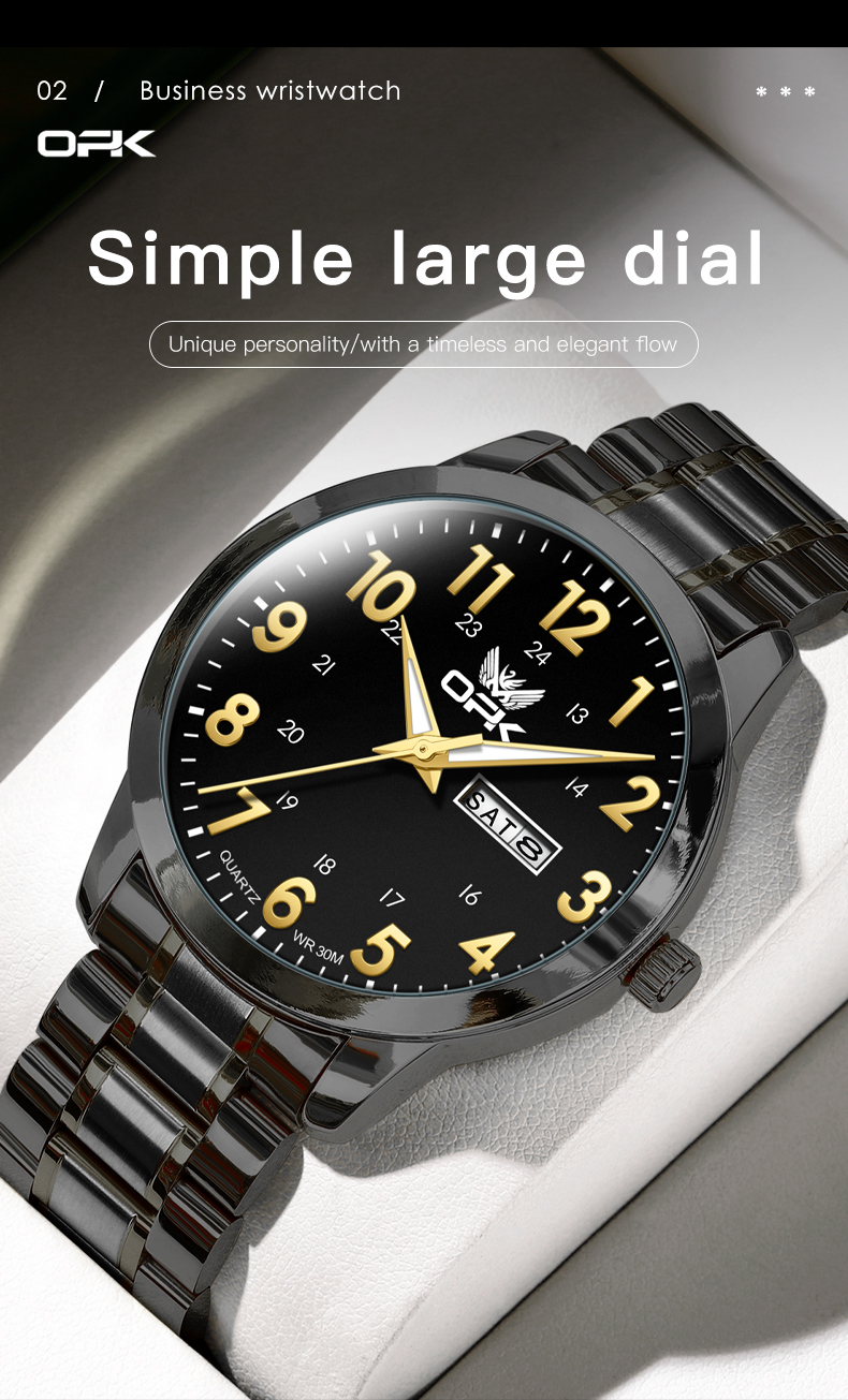 OPK Watch For Men Waterproof Original Black Stainless Steel Date Quartz ...