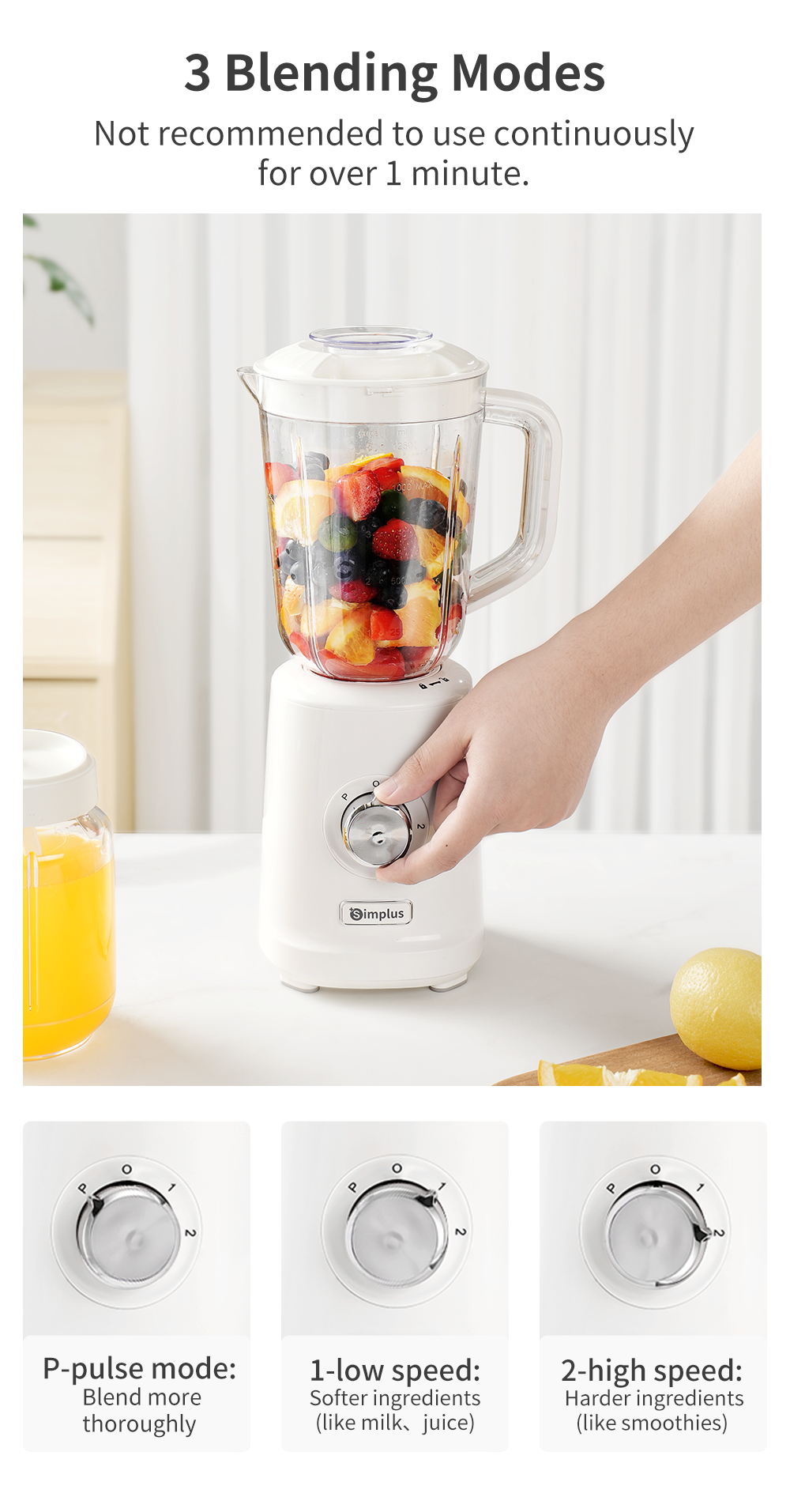 Simplus Blender Juicer 1.25L Multifunctional Food Processor 3 Blending Modes 3 Interchangeable ...