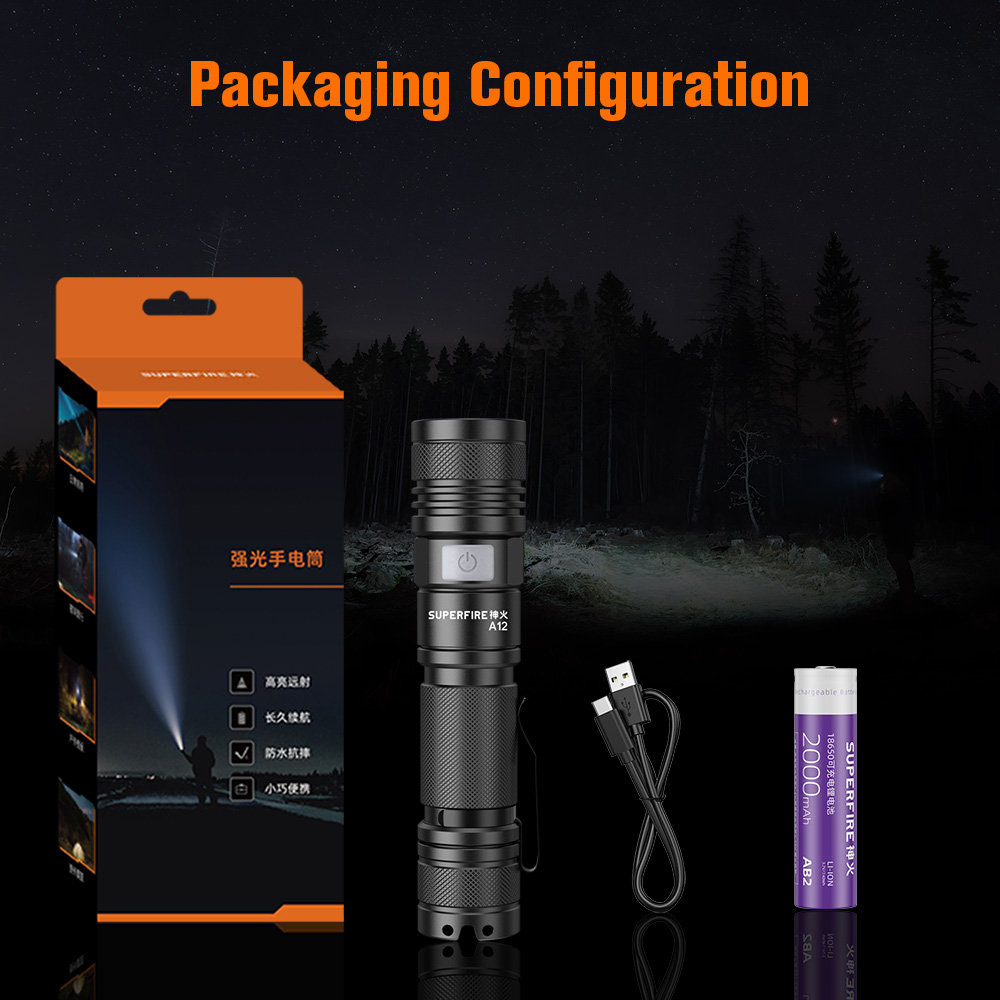 SUPERFIRE A12 Flashlight LED Zoom Torchlight Aluminium Alloy Heavy Duty ...