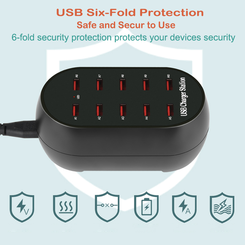 10 Port USB Charger Station 50W/10A Multi Port USB Hub Charger with for ...