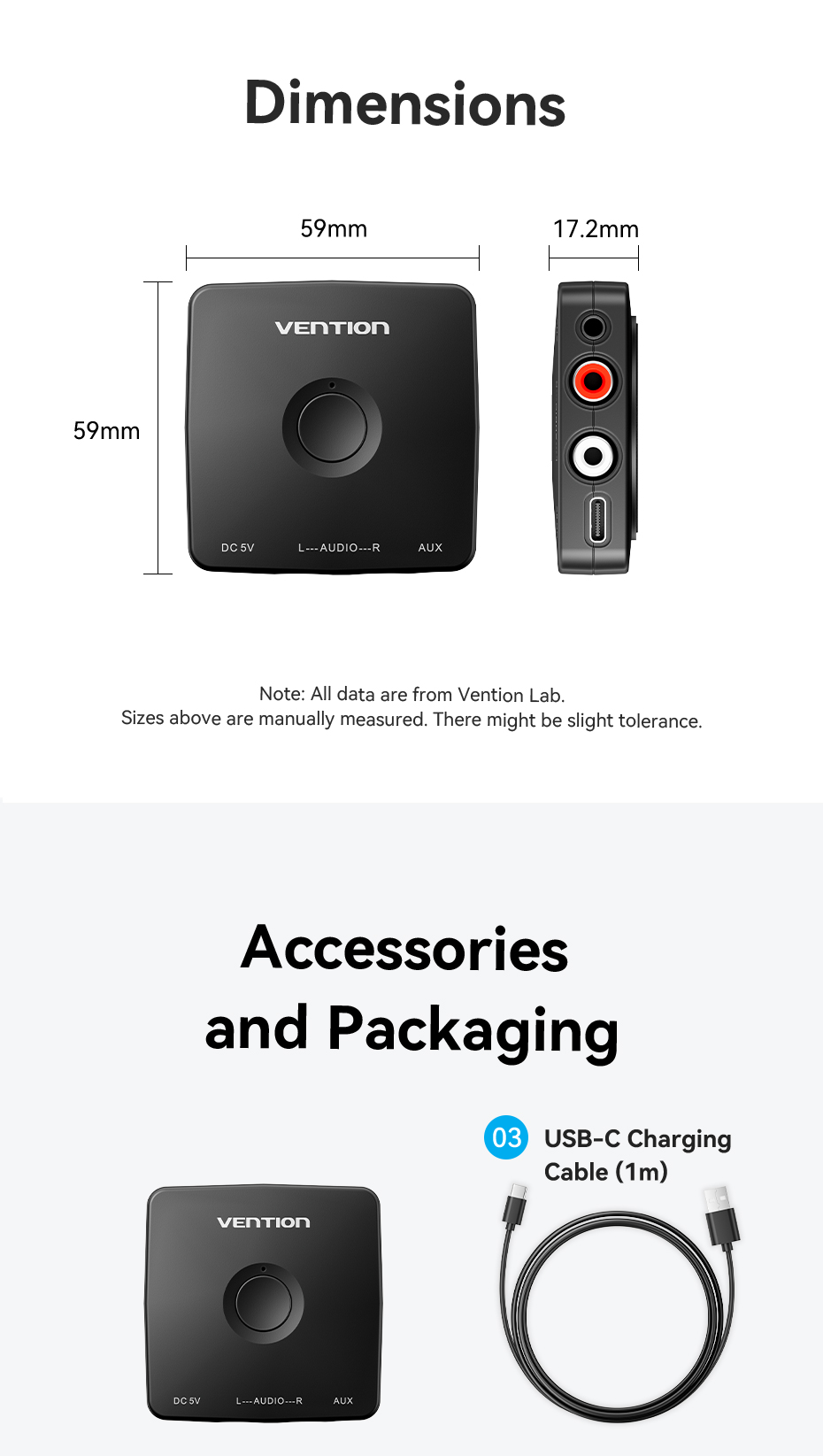 Vention Bluetooth 5.1 High Quality Audio Receiver 2RCA 3.5mm AUX ...
