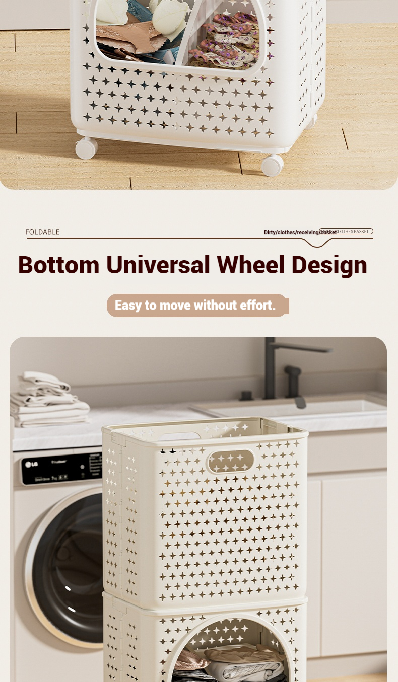Stackable 2 Layers Laundry Basket Foldable Storage Basket With Wheels ...