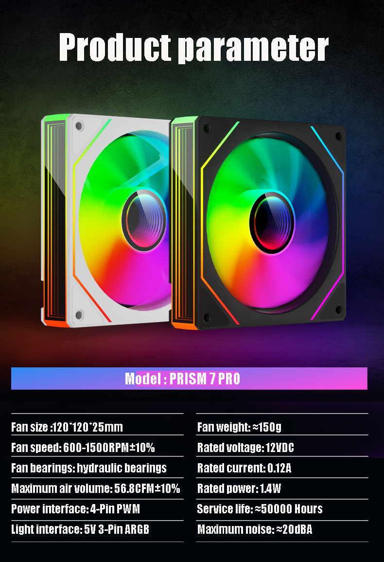 OEM PRISM 7 PRO Computer Chassis Fan 12cm ARGB 4 Pin PWM Quiet Cooling ...
