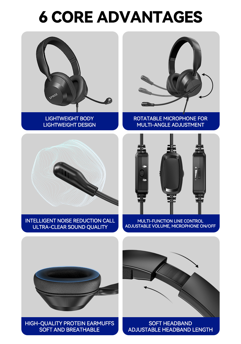 SPRISE H6209 Stereo Headset Rotating Mic Earphone Noise Cancelling 3 ...