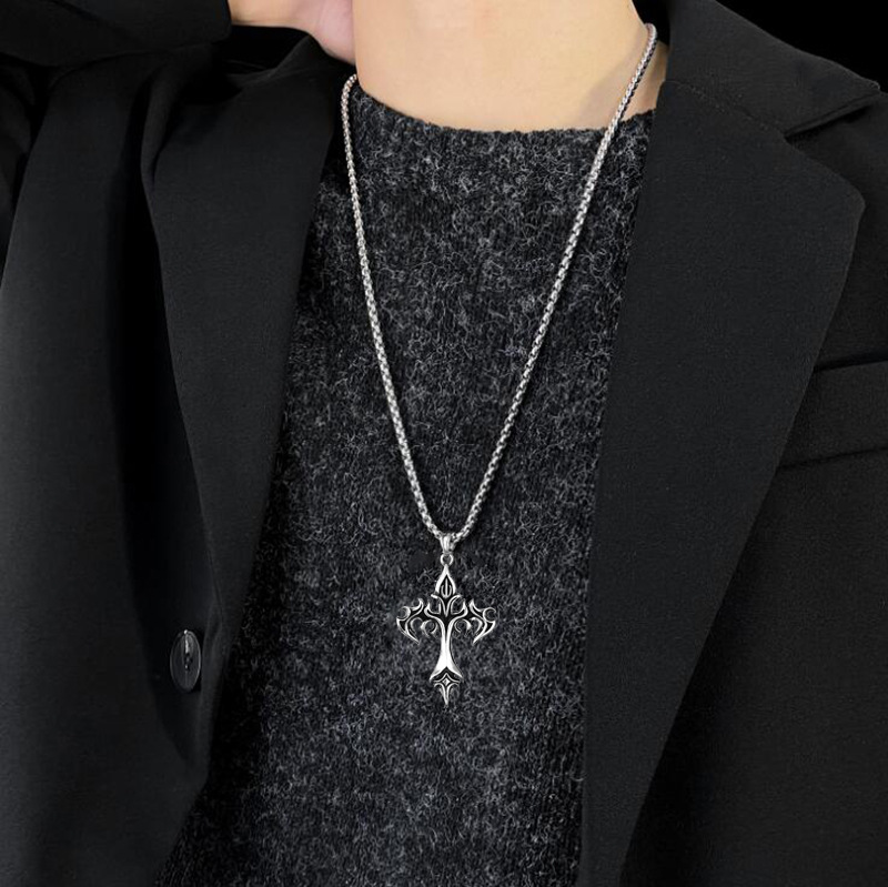 Warrior Flame Cross Pendant Necklace for Men Vintage Gothic Style Daily ...