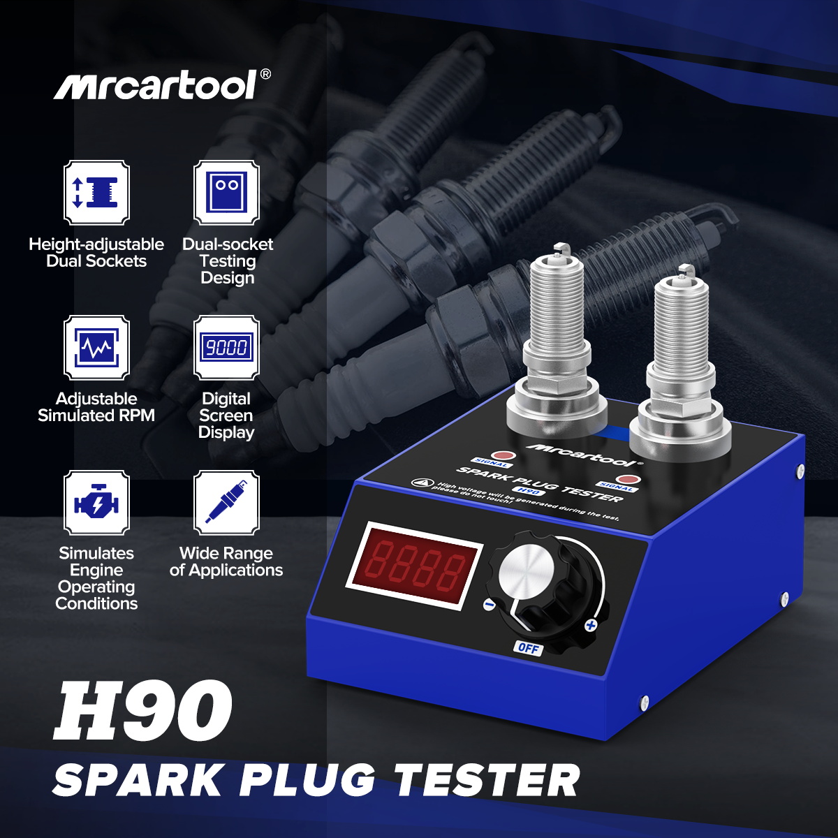 MRCARTOOL H90 Spark Plug Tester Adjustable Test Hole Height 9000RPM 12V ...