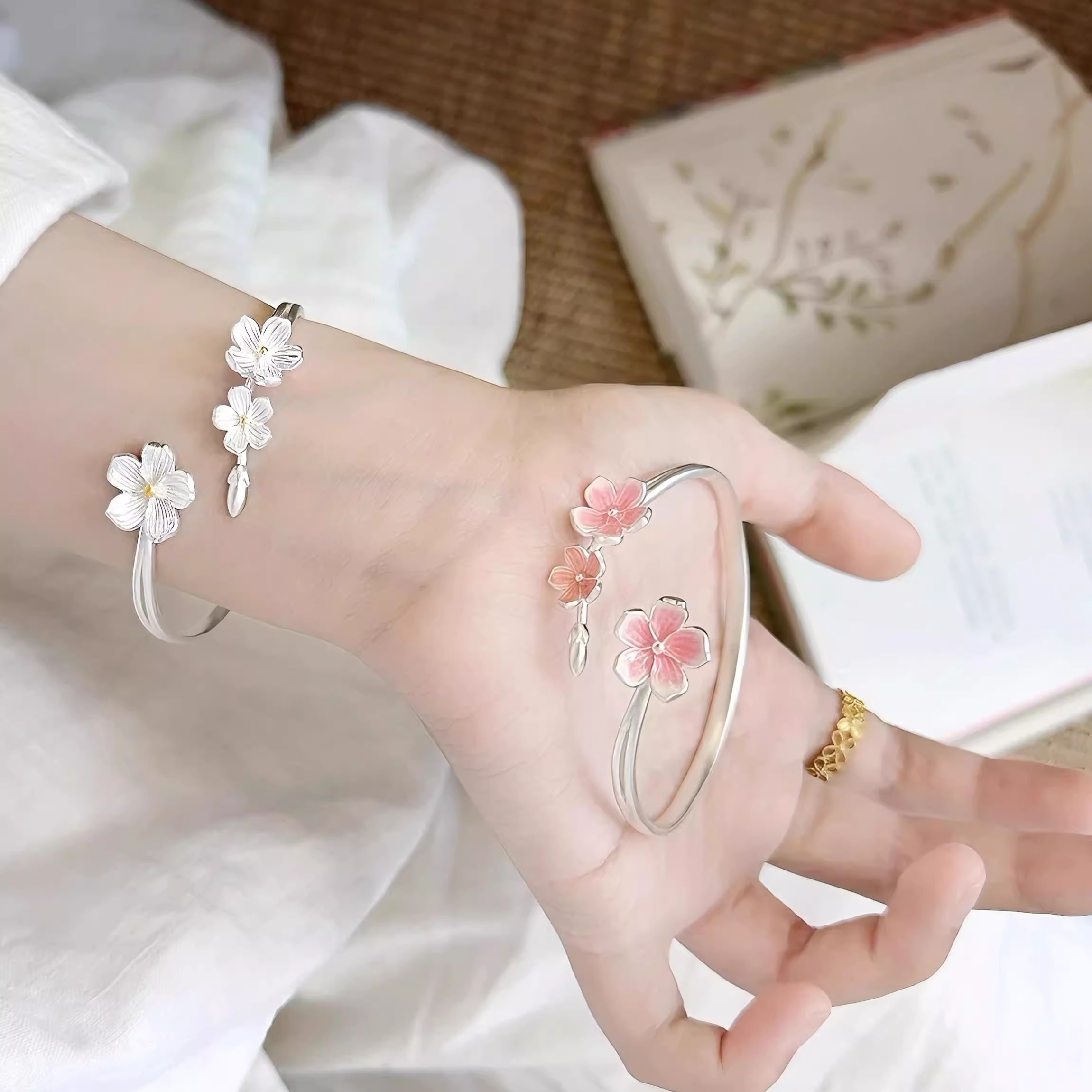 Korea Fashion Pink Flower Bracelet Women Silver Color ins Student ...