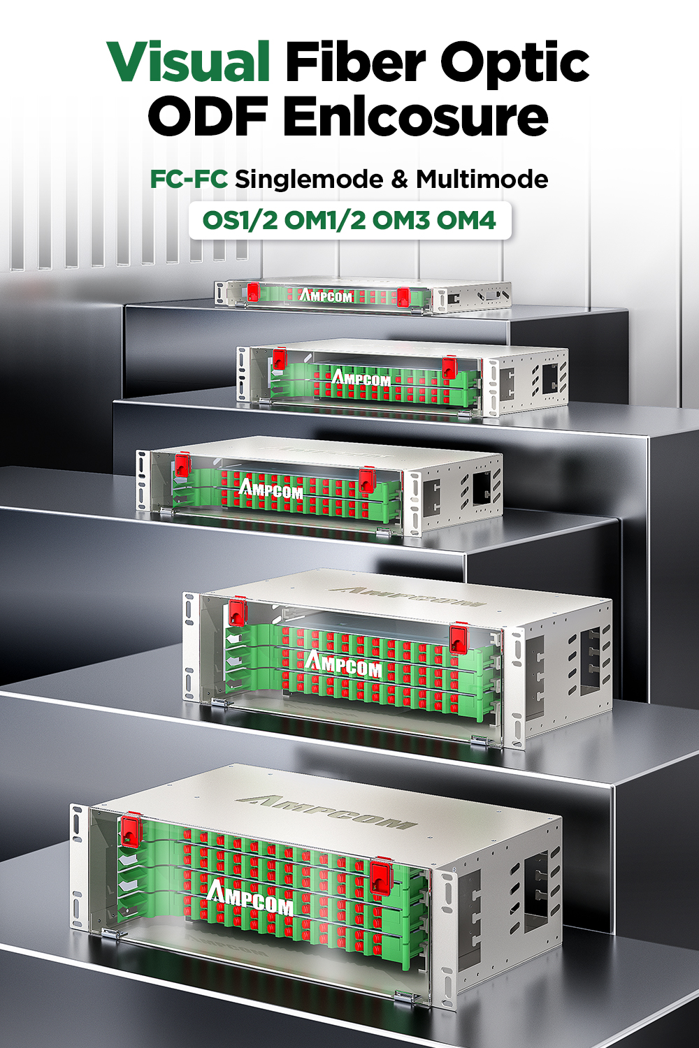 AMPCOM 24 to 96 Core FC Rack Mount Visual Fiber Optic ODF Enclosure ...