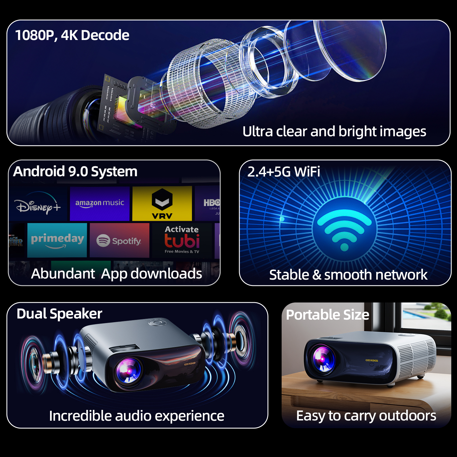 GOOJODOQ 4K Ultra HD 1080P Projector for Phone Speaker Bluetooth Laptop ...