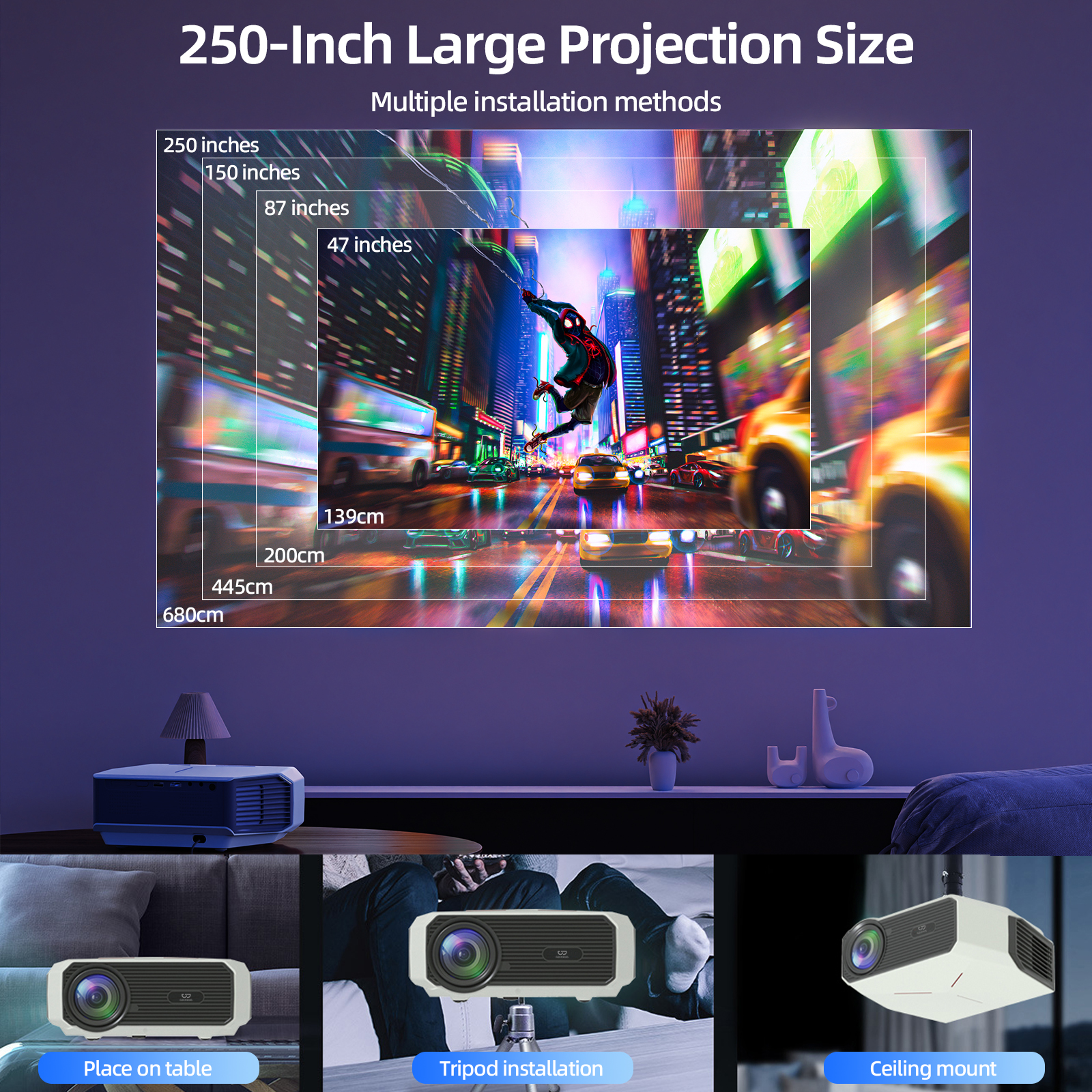 GOOJODOQ 4K Ultra HD 1080P Projector for Phone Speaker Bluetooth Laptop ...