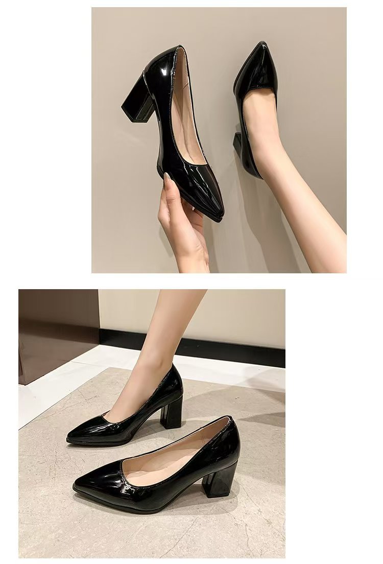 EXS Fashion Office Formal Work Black glossy shoes Pointed toe Block ...